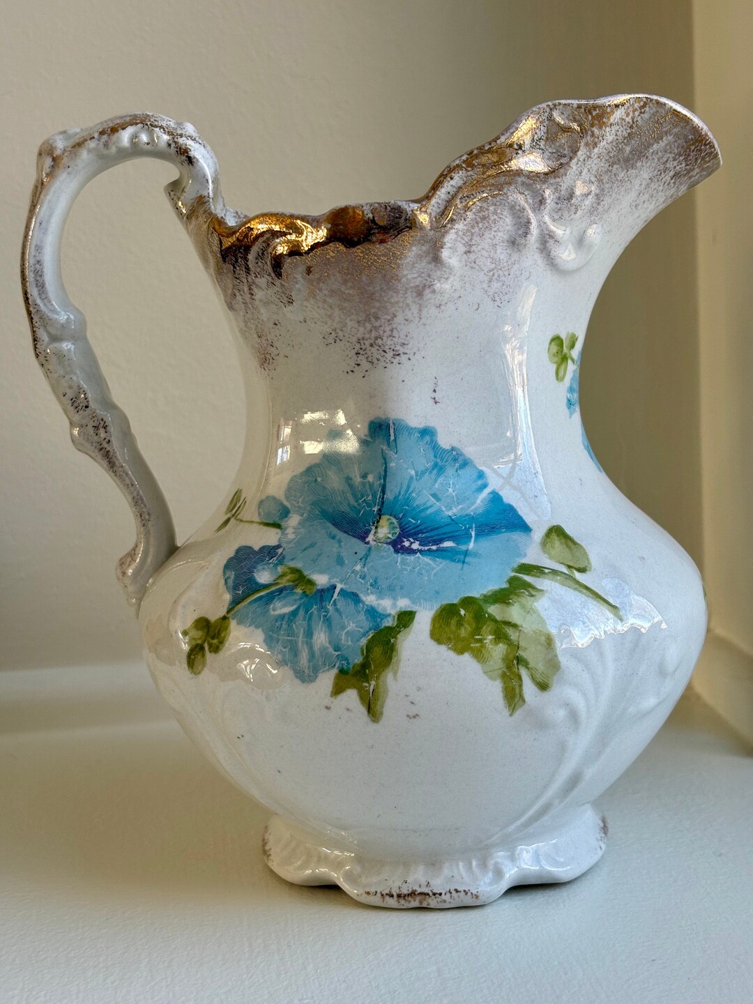 Vintage Labelle China Pitcher White, Gold, Blue, Wheeling Pottery - Etsy