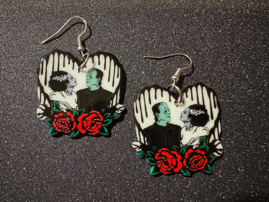 Frankenstein & Bride Heart Dangle Earrings - Goth, Halloween, Emo ...