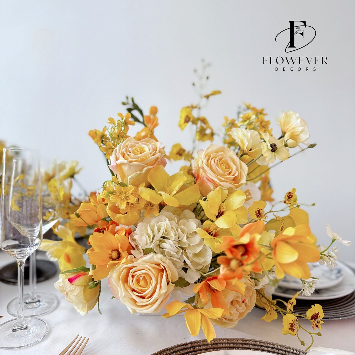 Yellow Reception Event Table Artificial Flower Arrangement Centerpiece ...