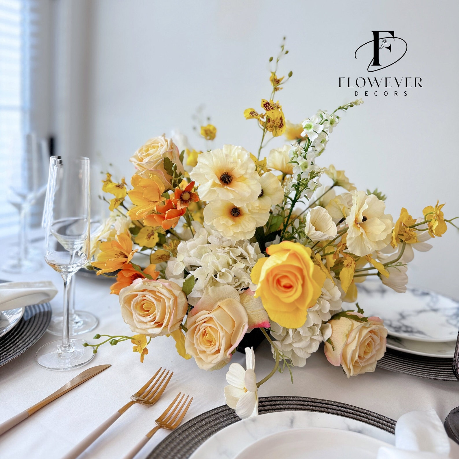 Yellow Reception Event Table Artificial Flower Arrangement Centerpiece ...