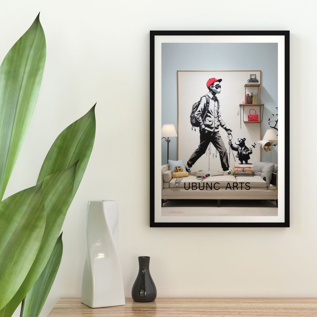 Banksy Urban Whimsy Stencil Art of A Preppy Walker and Bear Companion ...