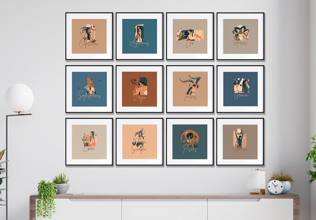 Boho Zodiac Wall Art - 12 Astrology Signs - Star Sign Decor - Birthday ...
