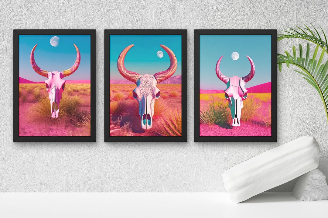 Cow Skull Art Print Trio Desert Print Celestial Southwestern Wall Decor ...