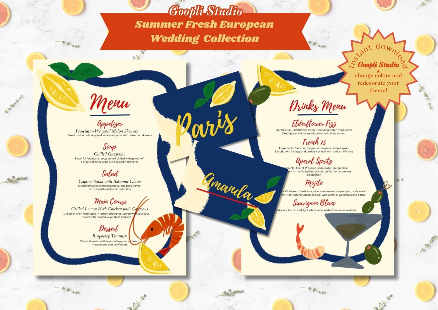 Editable Summer-fresh European Wedding Menu Template | Hens Party Menu ...
