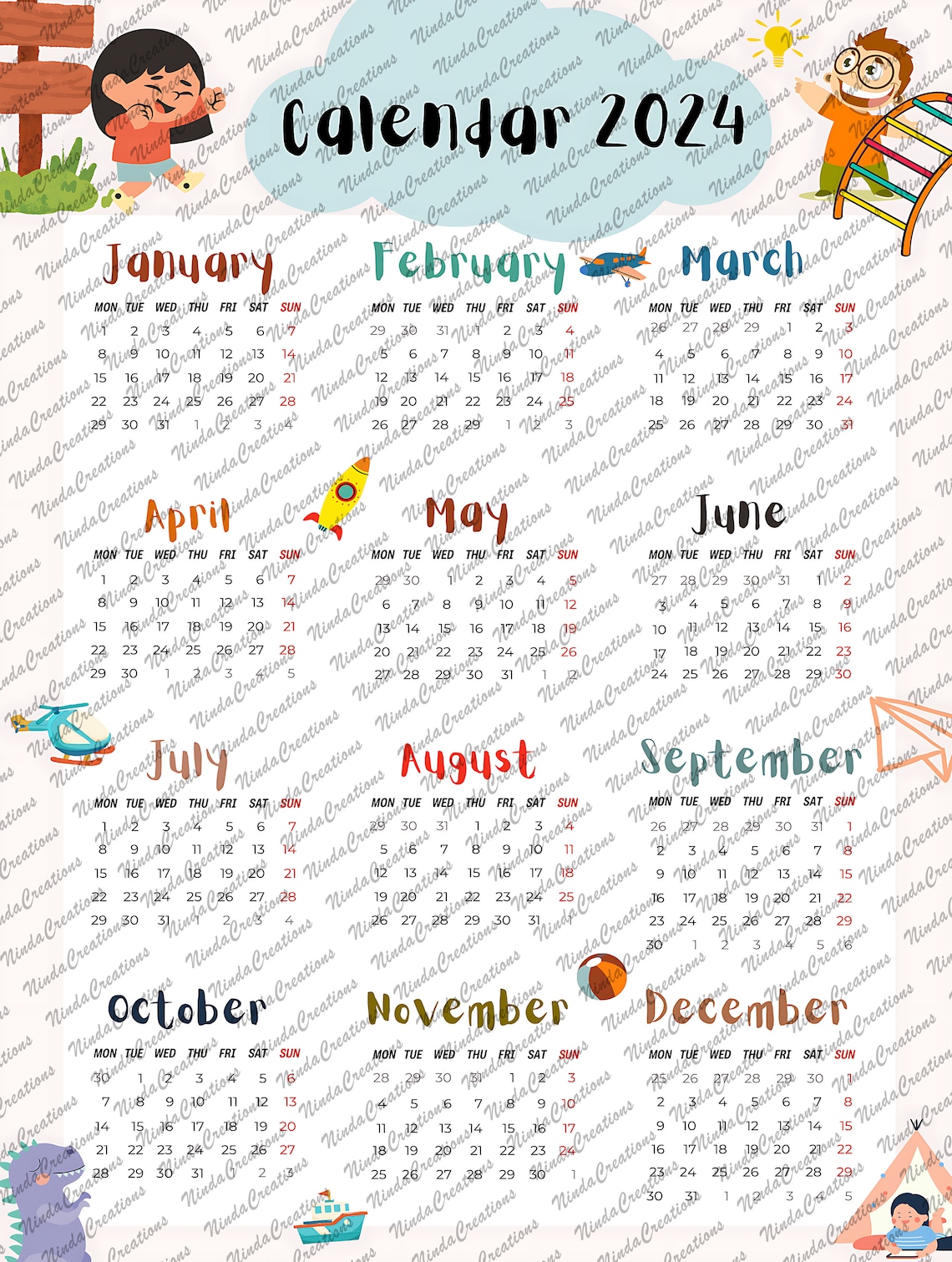 Printable Calendars, 3 Set of Calendar 2024, 2024 Calendars, Watercolor ...