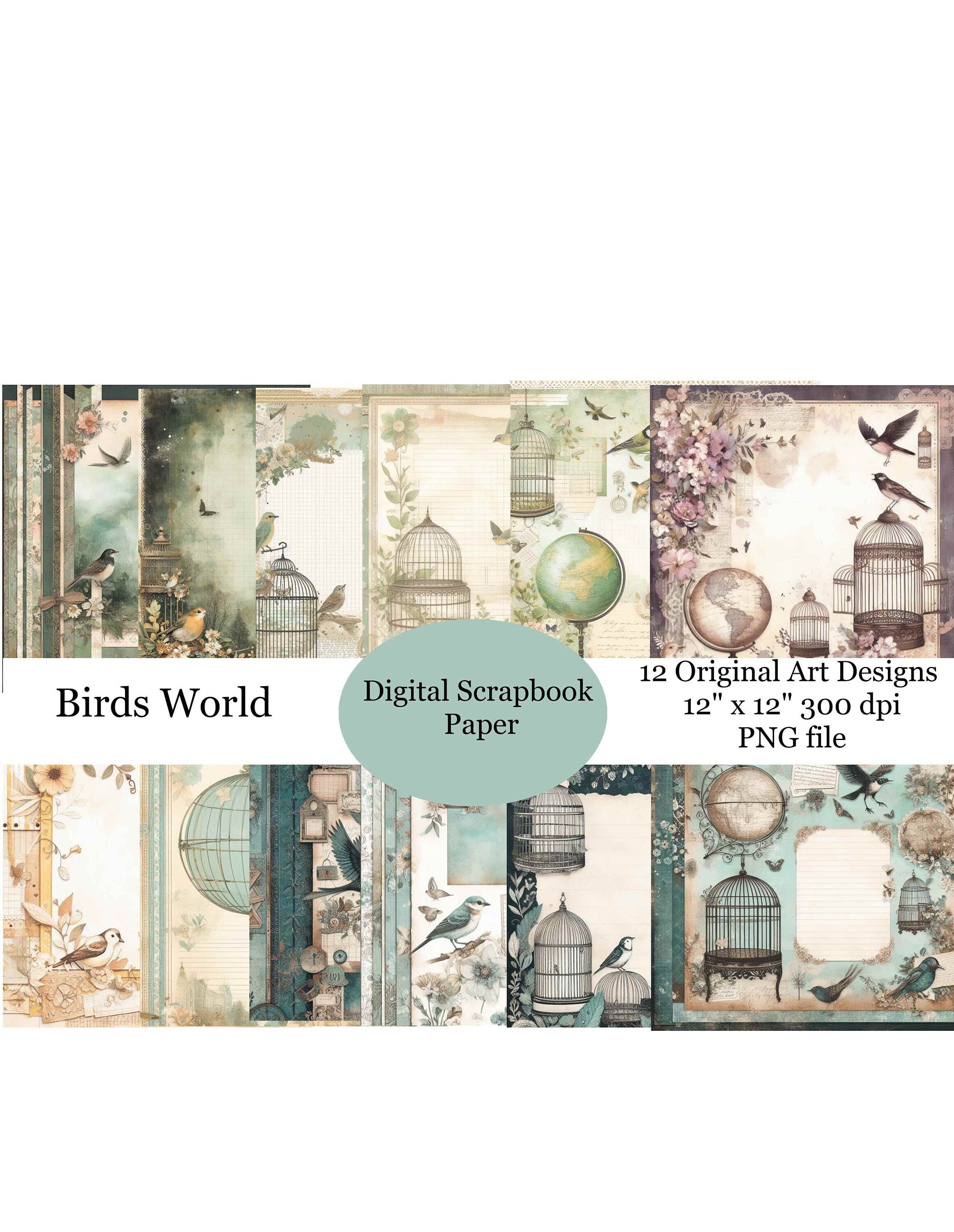Birds World, Scrapbook Paper, Digital Printable Papers, Background, Non ...