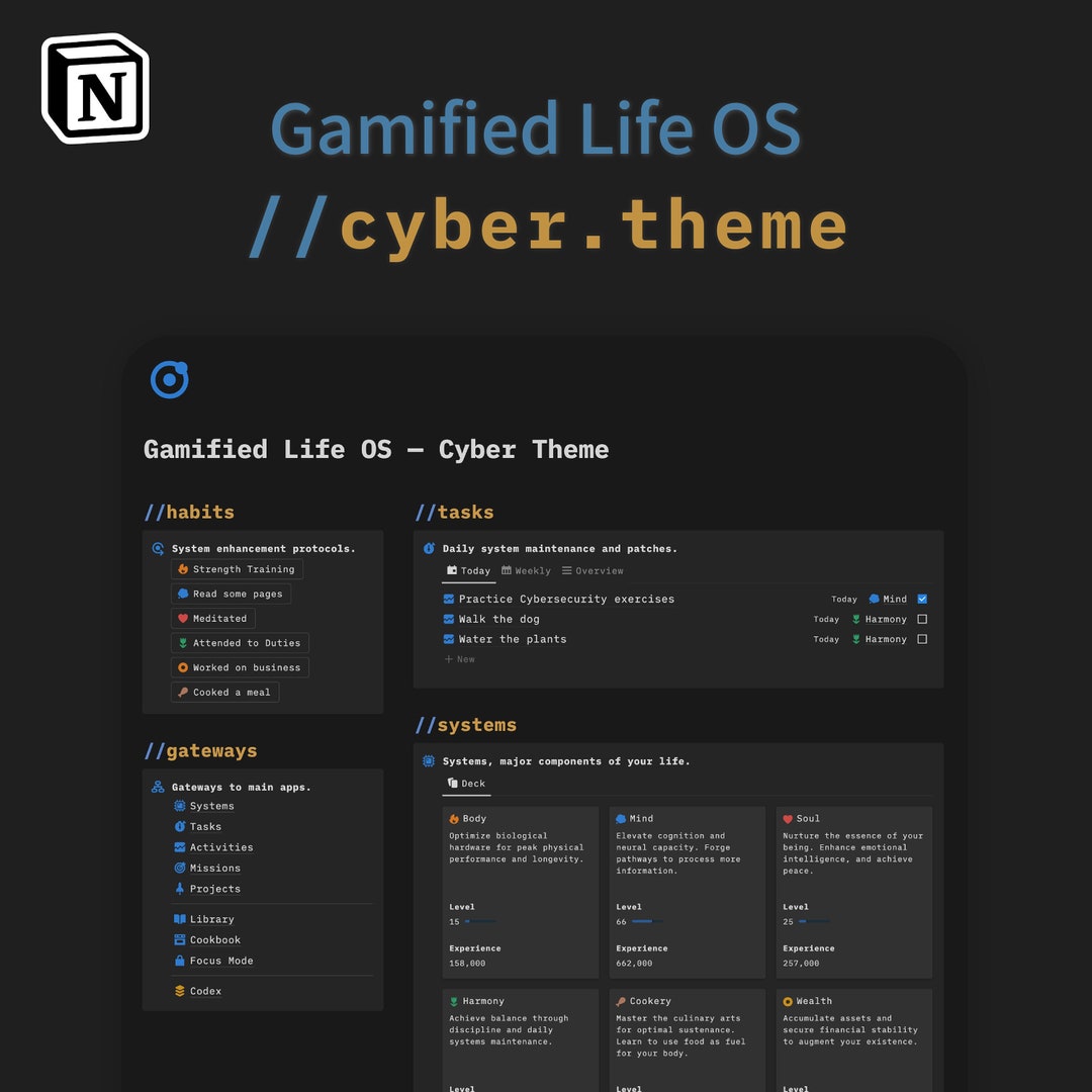 Gamified Life OS Cyber Theme Rpg-based Notion Template Life Tracker ...