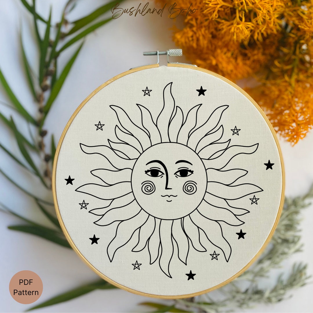 Stylised Sun - Pagan Sun Face - Hand-embroidered Design, Instant ...
