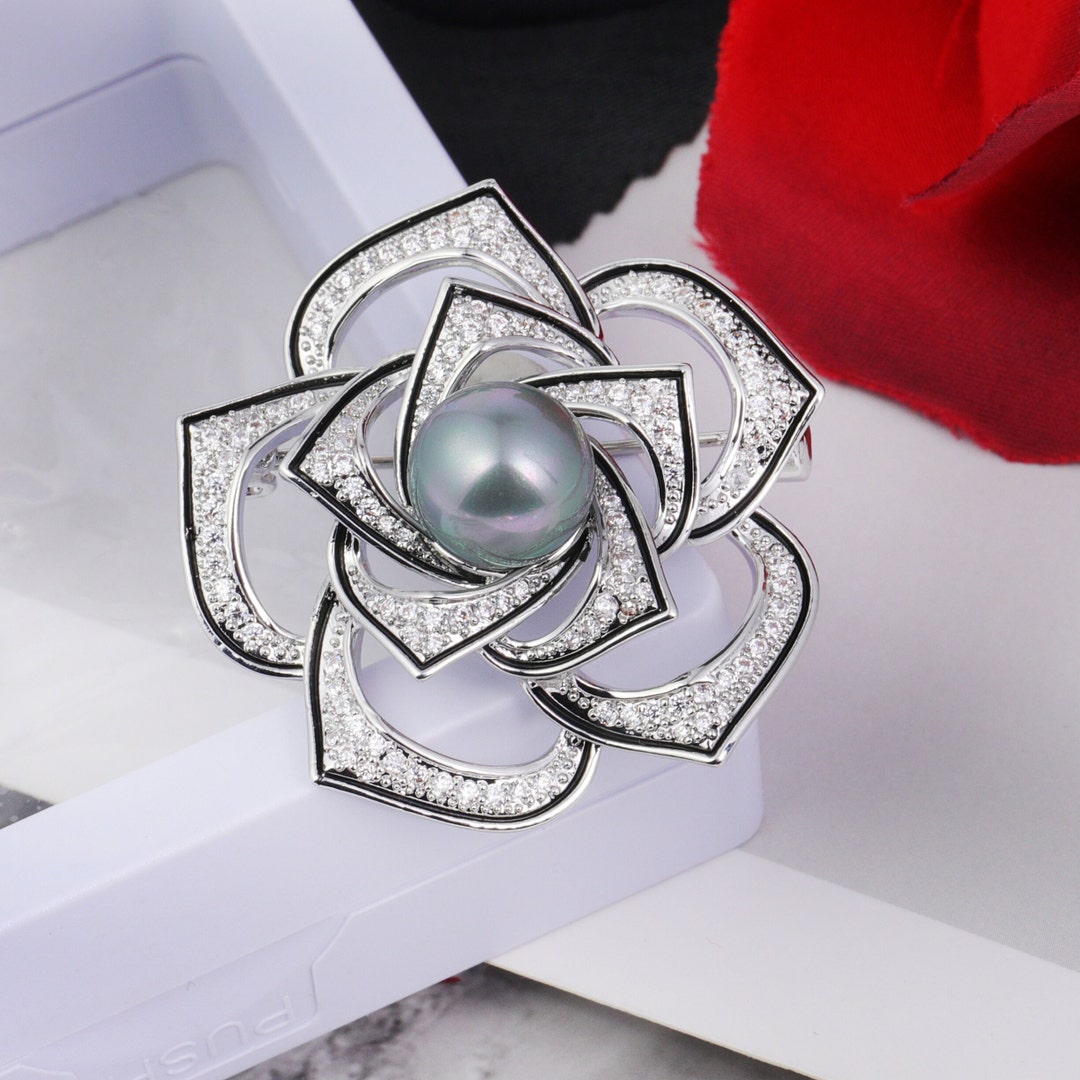 Silver Camellia Brooch/women's Pearl Brooch/unique Brooch/cubic ...