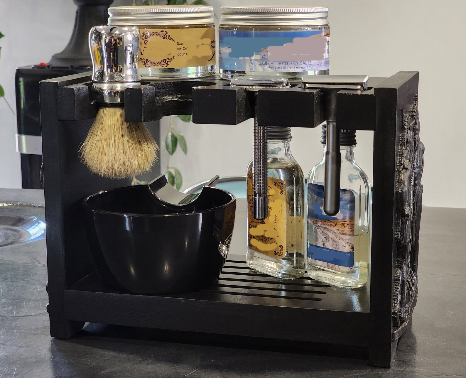 Shaving Accessories Shelf Made of Hard Wood, 2 Slots for Shaving ...