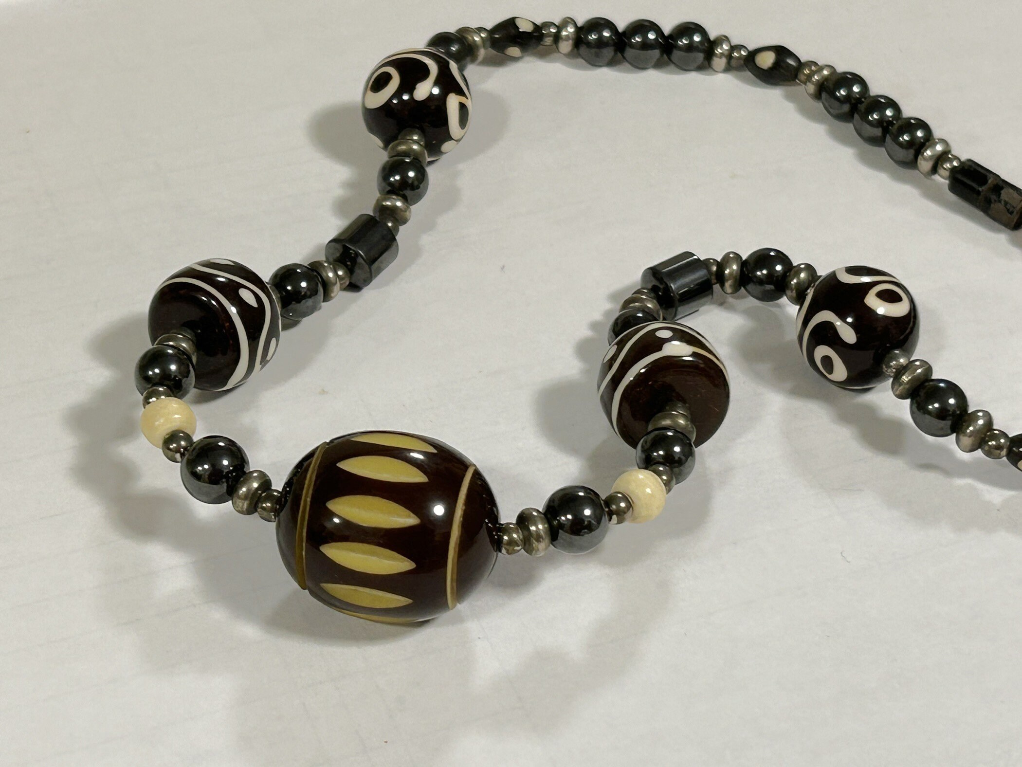 Vintage Carved Galalith Tribal Beaded Necklace Hematite Glass Wood ...