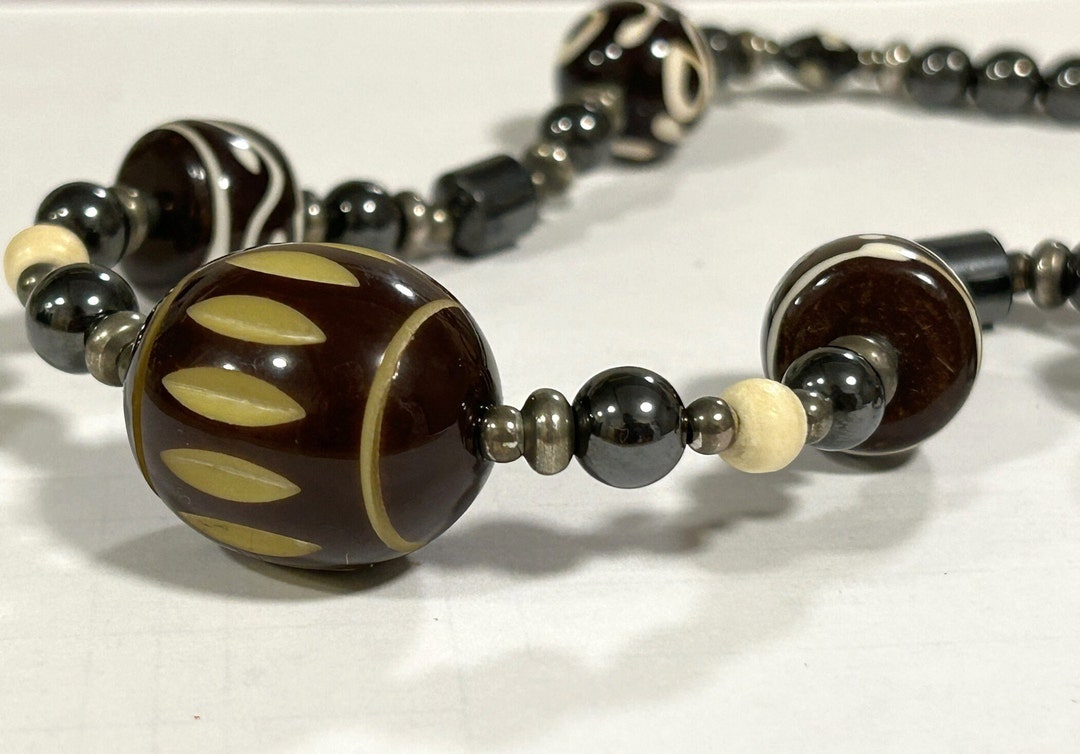 Vintage Carved Galalith Tribal Beaded Necklace Hematite Glass Wood ...