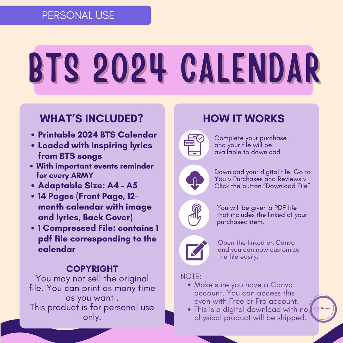 BTS 2024 CALENDAR L Printable Pdf Instant Download Purple BTS Inspired ...