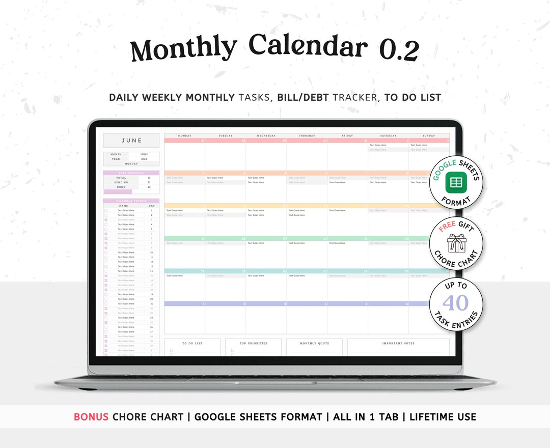 Monthly Calendar Google Sheets, 2024 2025 Planner, Task Tracker ...
