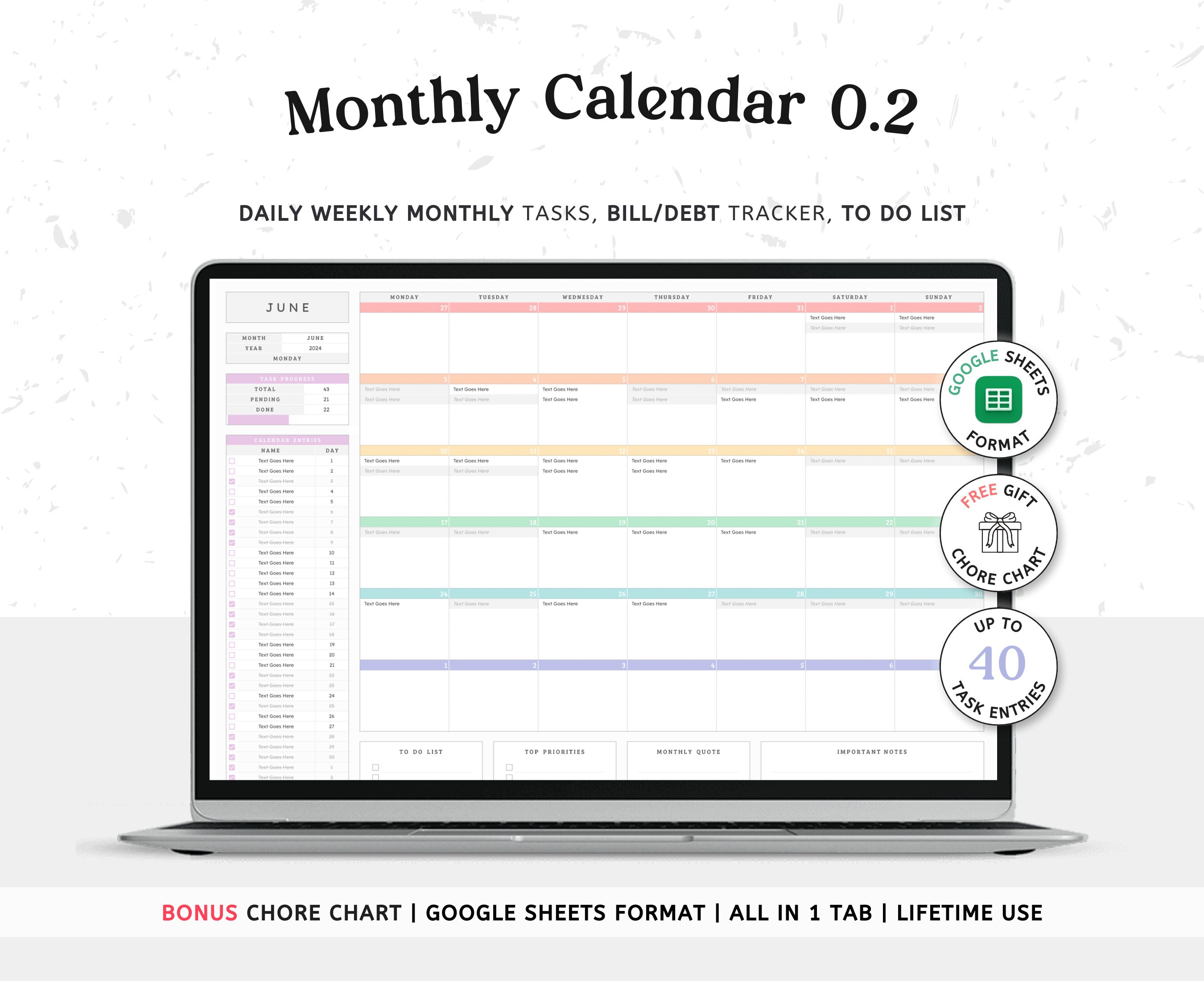 Monthly Calendar Google Sheets, 2024 2025 Planner, Task Tracker ...