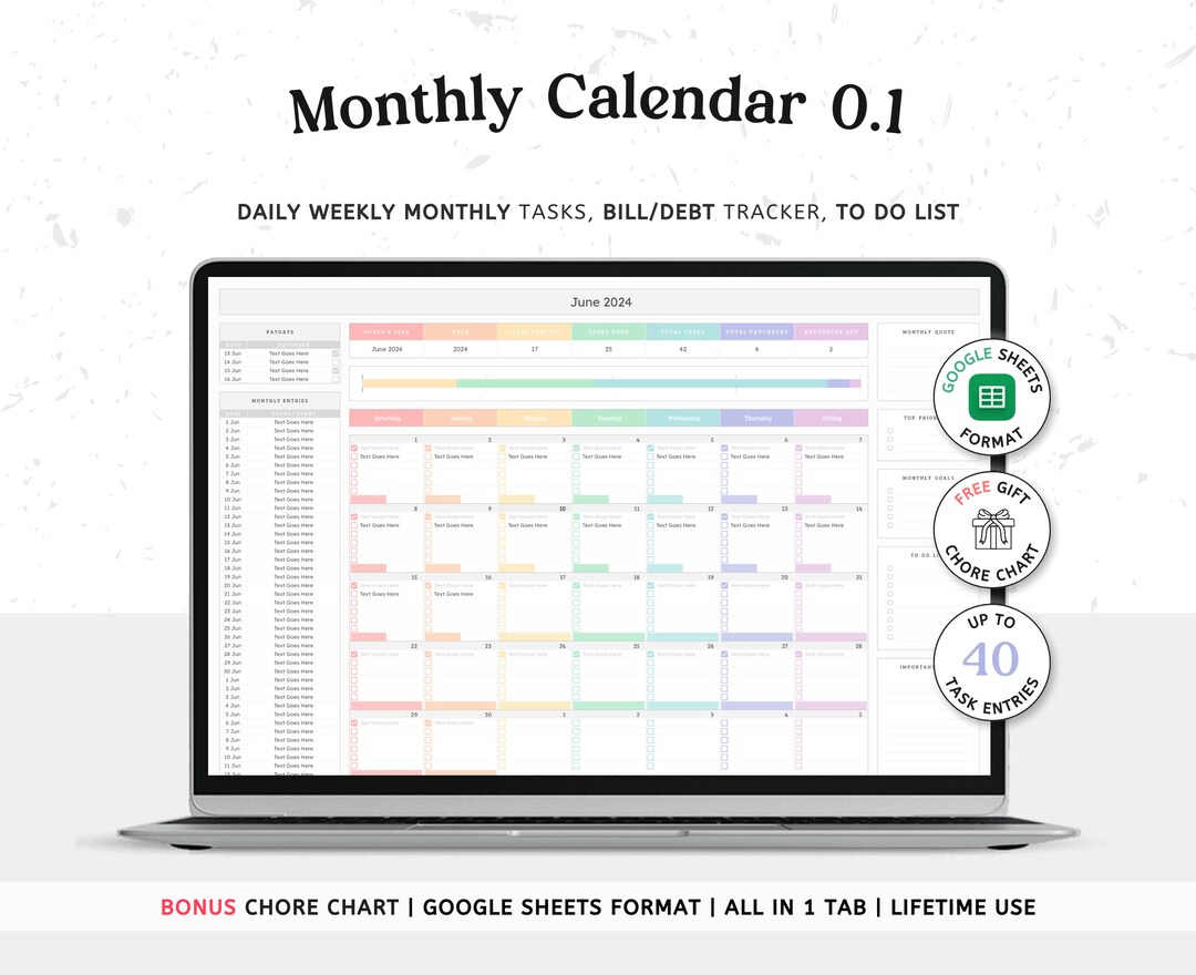 2024 - 2025 Monthly Calendar Google Sheets Task Tracker Spreadsheet ...