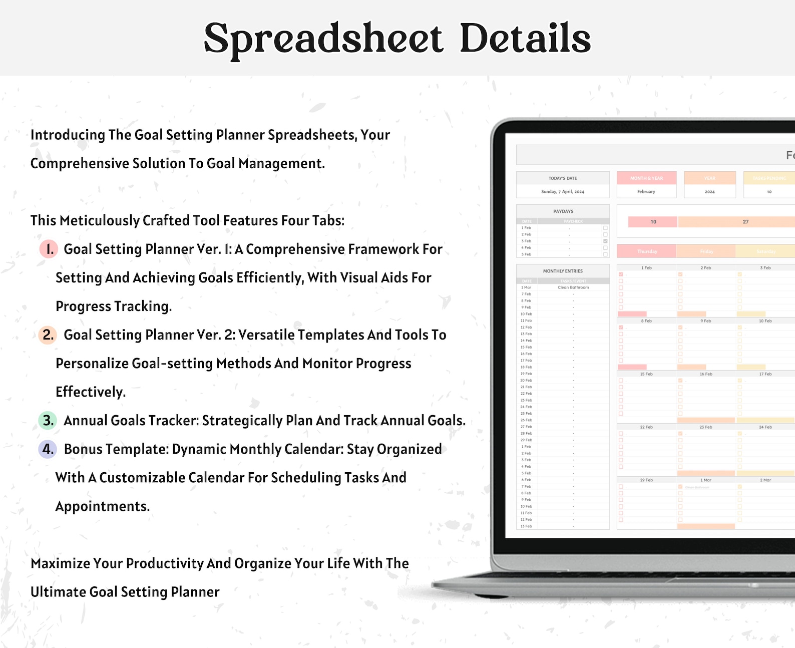 Goal Setting Planner Spreadsheet, Editable Productivity Tracker ...
