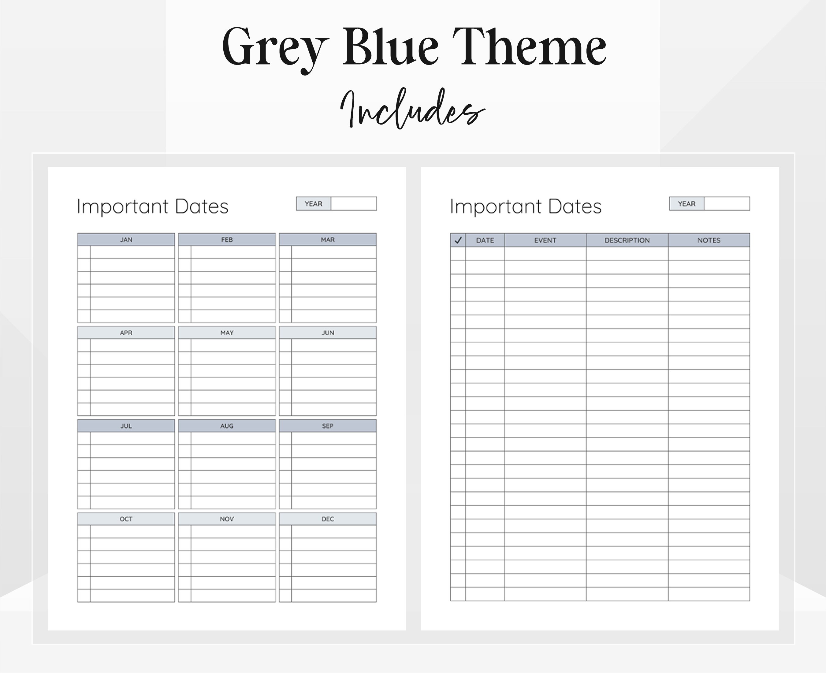 Printable Dates to Remember Template, Important Dates Tracker, Date ...