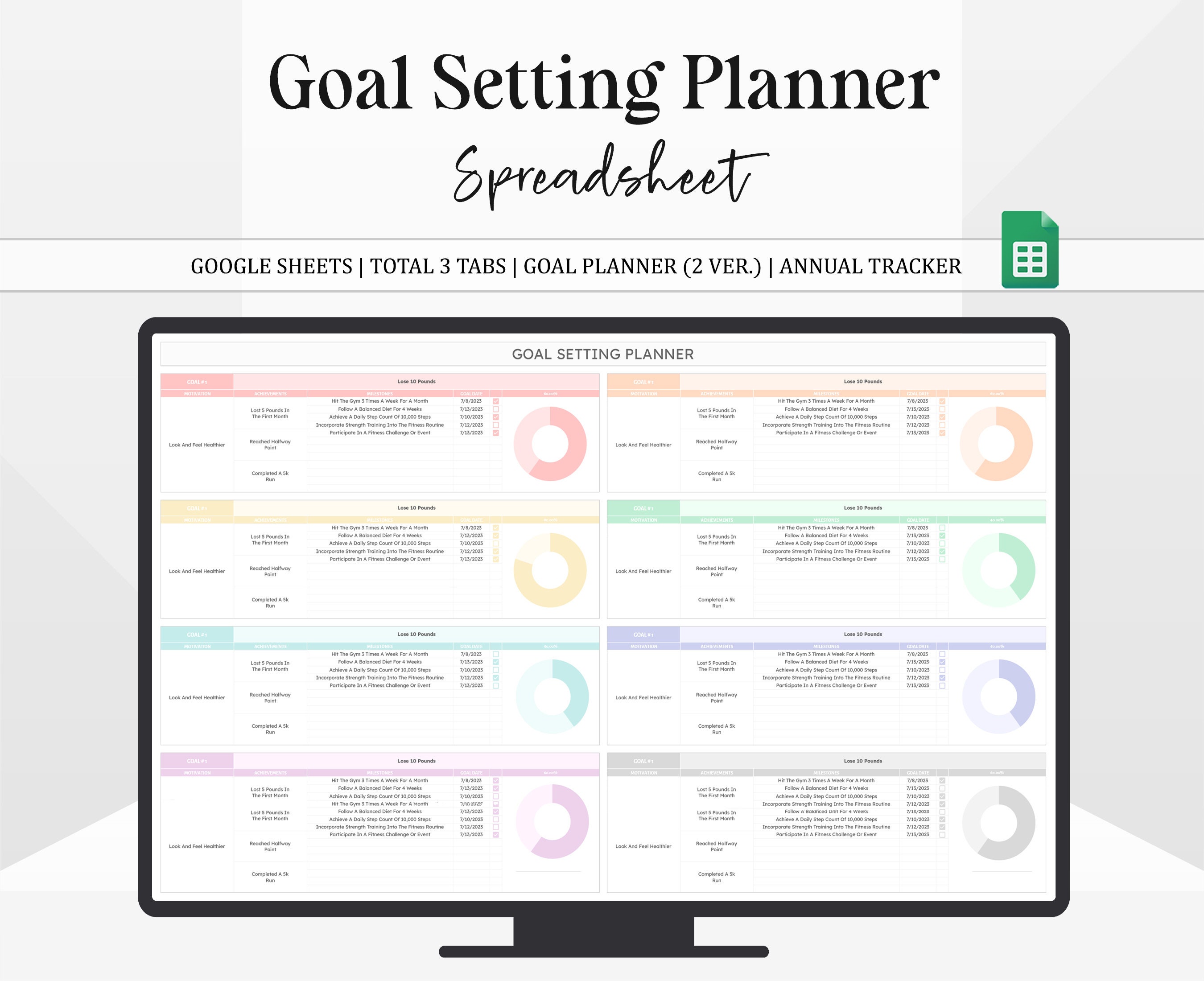 Goal Planner Google Sheets Spreadsheet, Goals Setting and Productivity ...