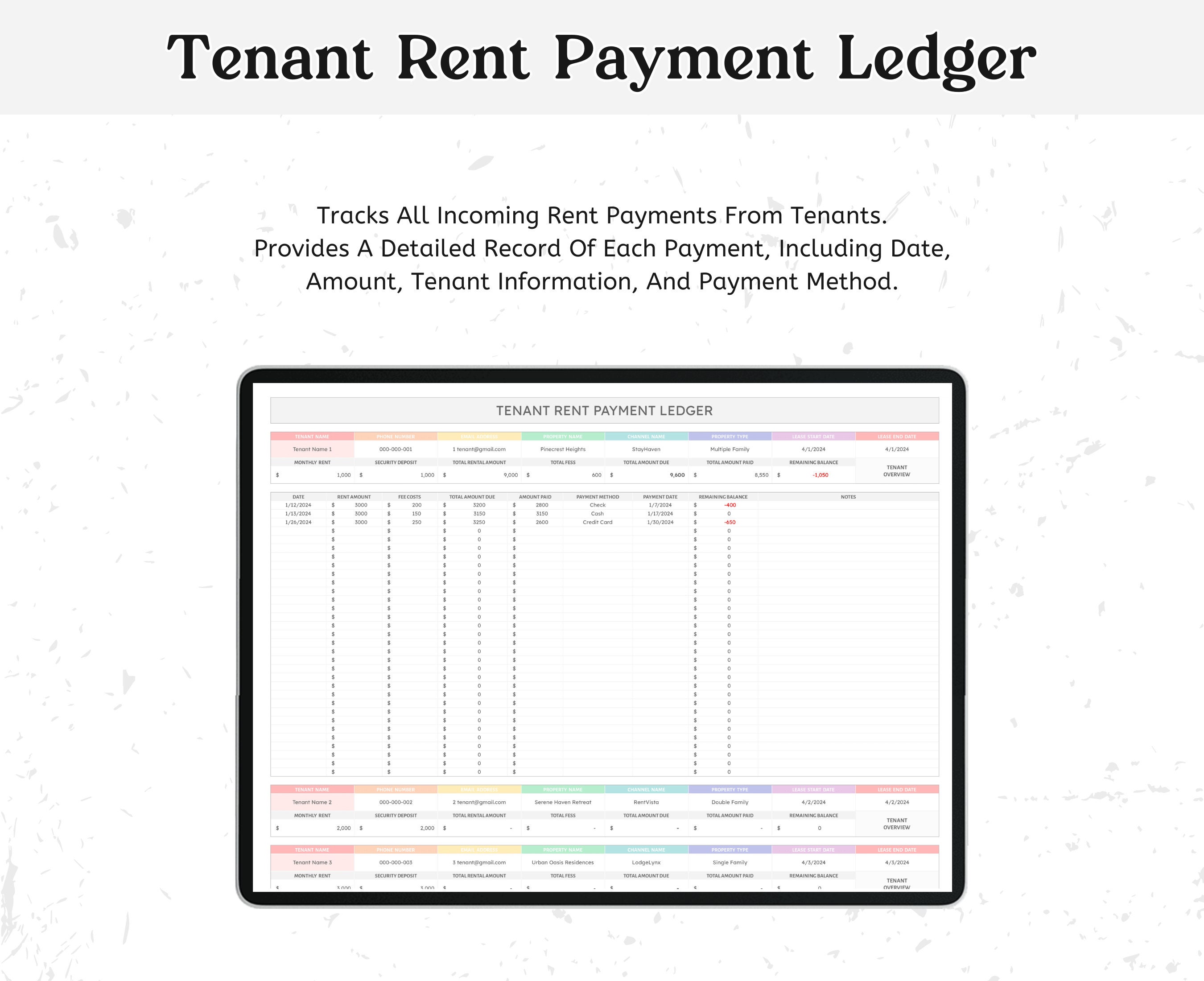 Tenant Rent Payment Ledger Spreadsheet, Landlord Real Estate ...