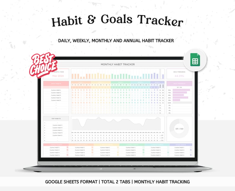 Daily Habit Tracker Spreadsheet Google Sheets Template, Daily Weekly ...