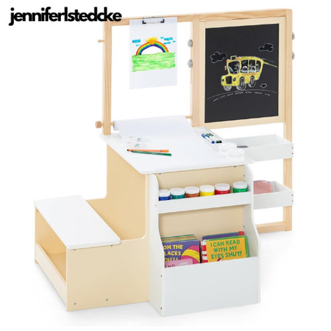 Three-in-one Kids Art Table and Chair Set, Toddler Craft and Play Wood ...