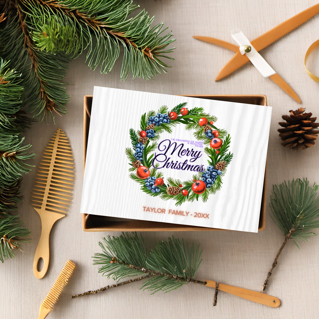 Printable Christmas Card With a Wreath, Merry Christmas Card, Happy ...