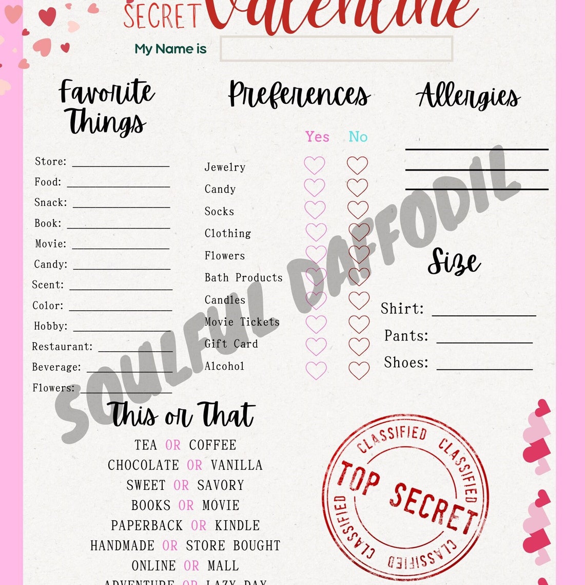 Secret Valentine Questionnaire - Etsy