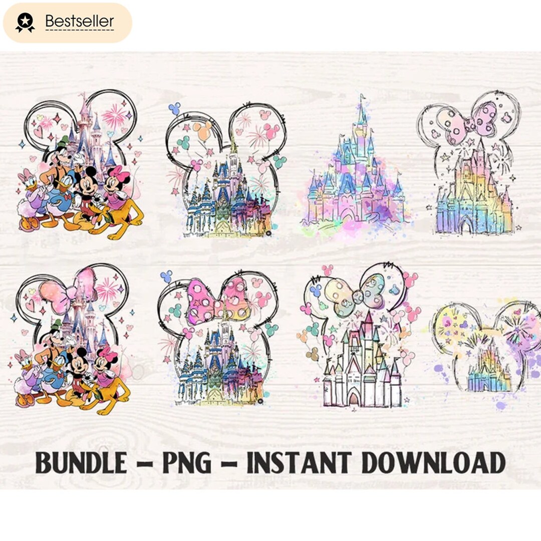 Bundle Watercolor Castle Png, Mouse Ear Castle Png, Retro Colorful ...