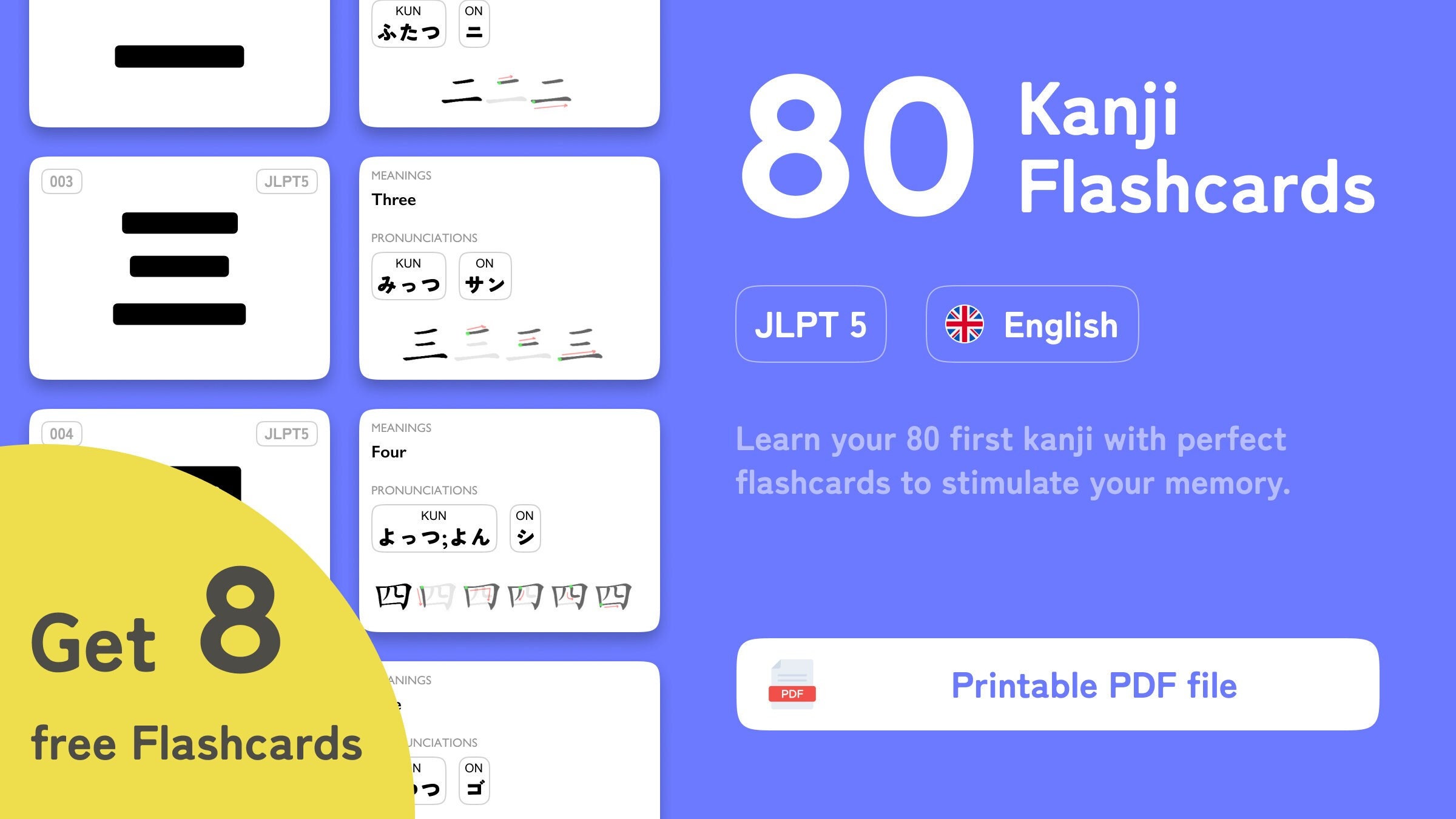 Printable Japanese Kanji Flashcards (level JLPT5, 80 Kanji) (english ...