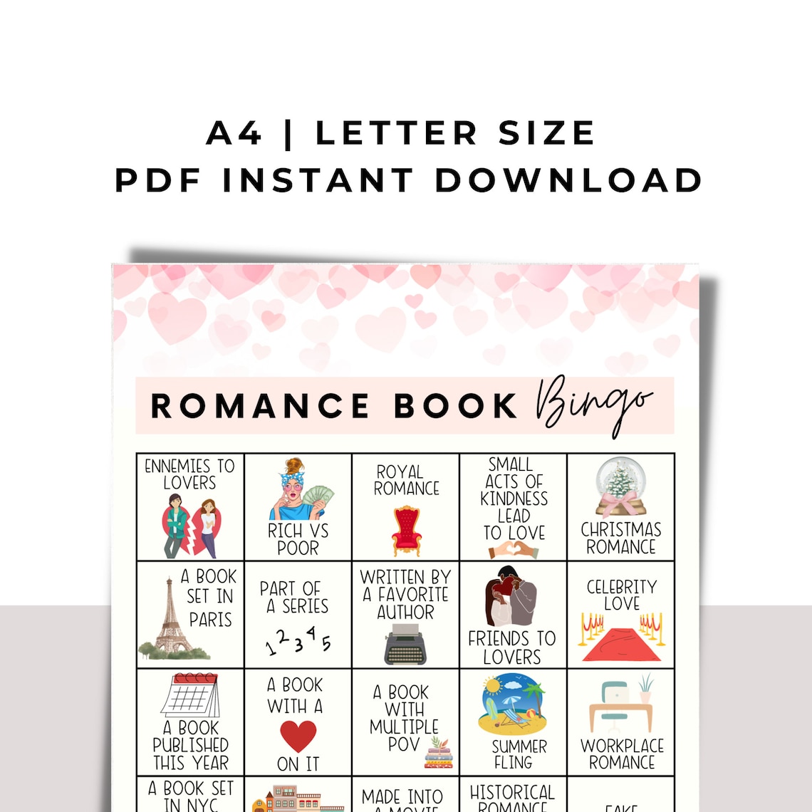 Printable Romance Book Bingo Romance Reader TBR Game Reading - Etsy