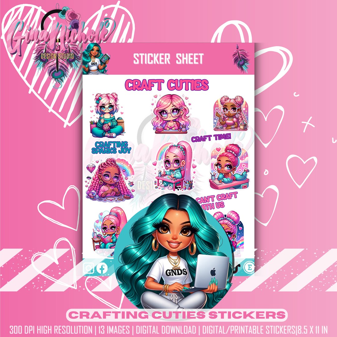 Cute Kawaii Pink Hair Digital Stickers, Crafting Girls Sticker Sheet ...