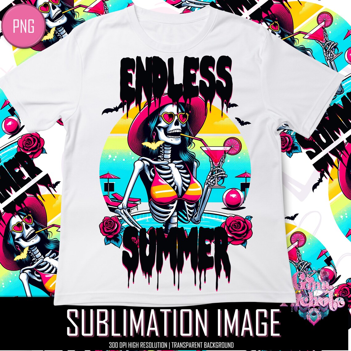Spooky Summer Skeleton Bikini Digital Art Retro Summer PNG File Overlay ...