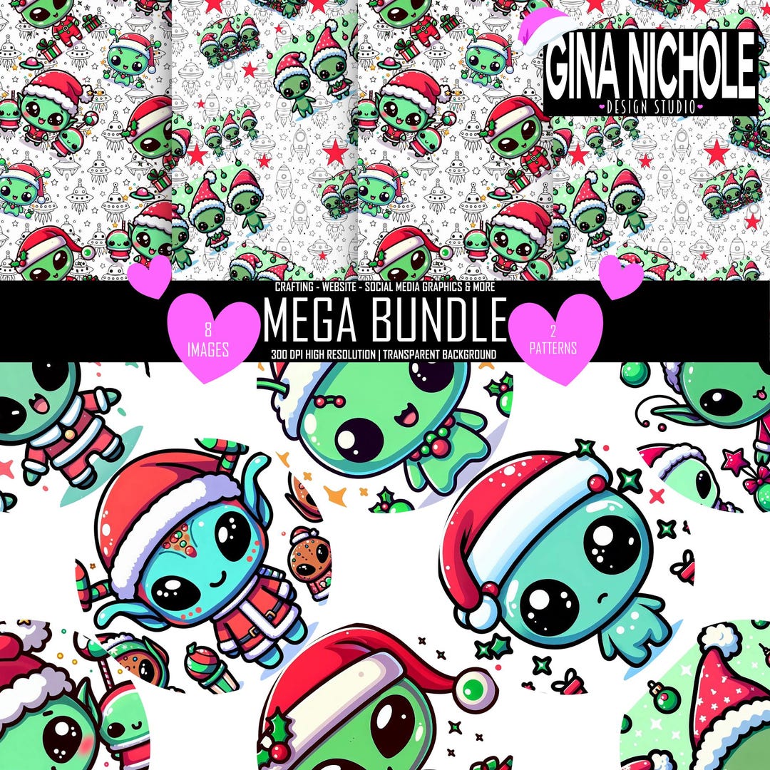 Christmas Aliens Clipart Bundle | Digital Pattern Papers & Digital Art ...