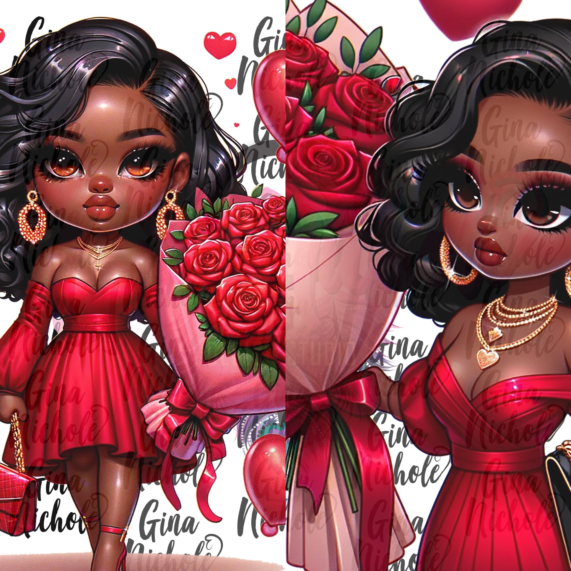 Chic Black Girl Magic & Boss Babe Clipart Afro and Glam Art for Valentines Roses and Red Heart ...
