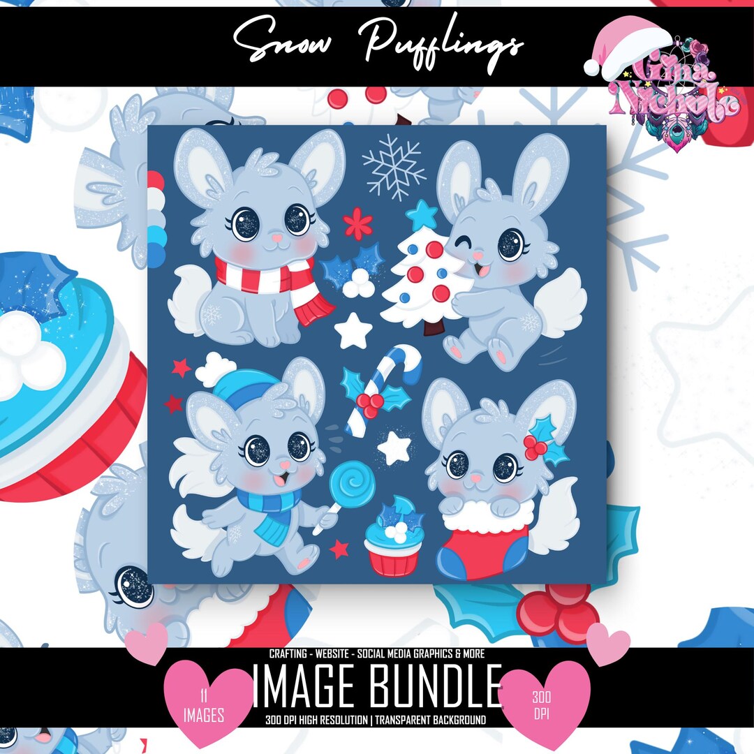 Snow Pufflings Winter Clipart, Kawaii Bunny Christmas PNG, Blue Red ...