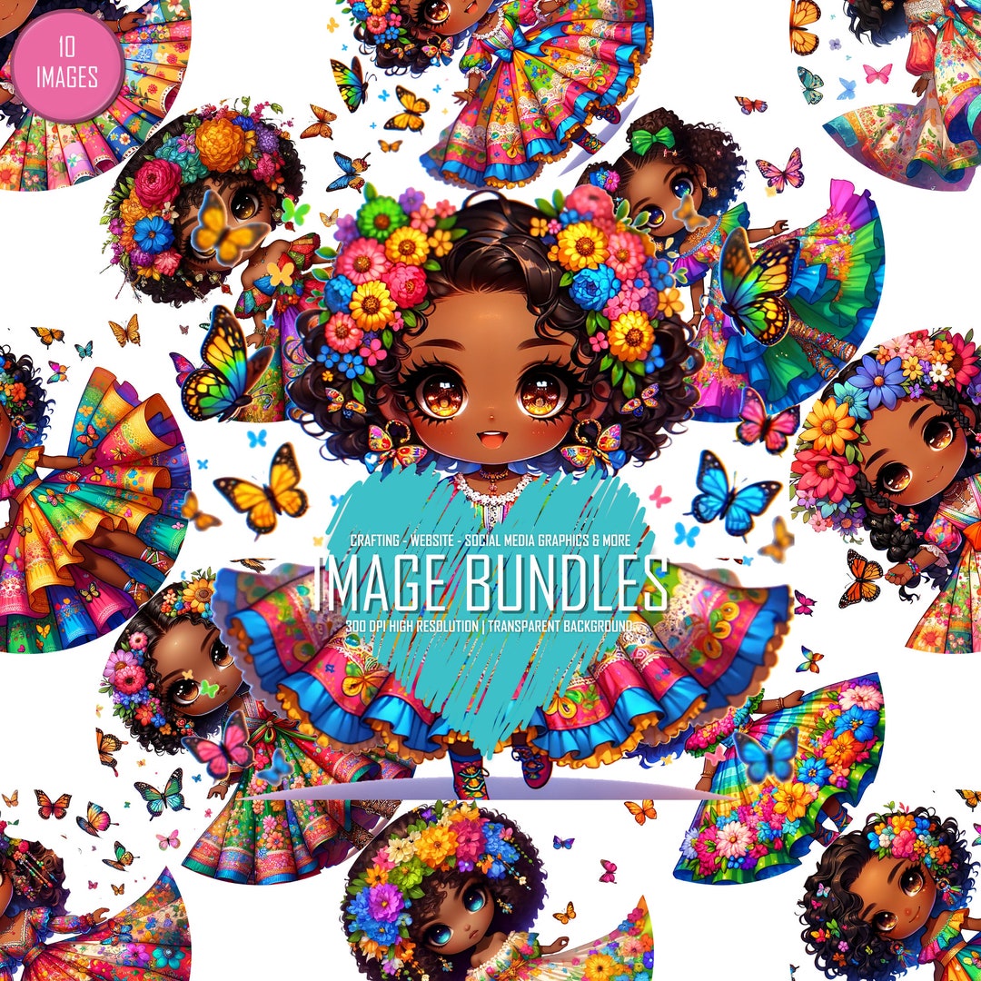 Cottagecore Kawaii Clipart: African American Girls, Floral PNG Stickers ...