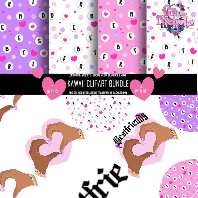 Best Friends Kawaii Clipart, Black Girl Hands, Seamless Pattern (PNG ...