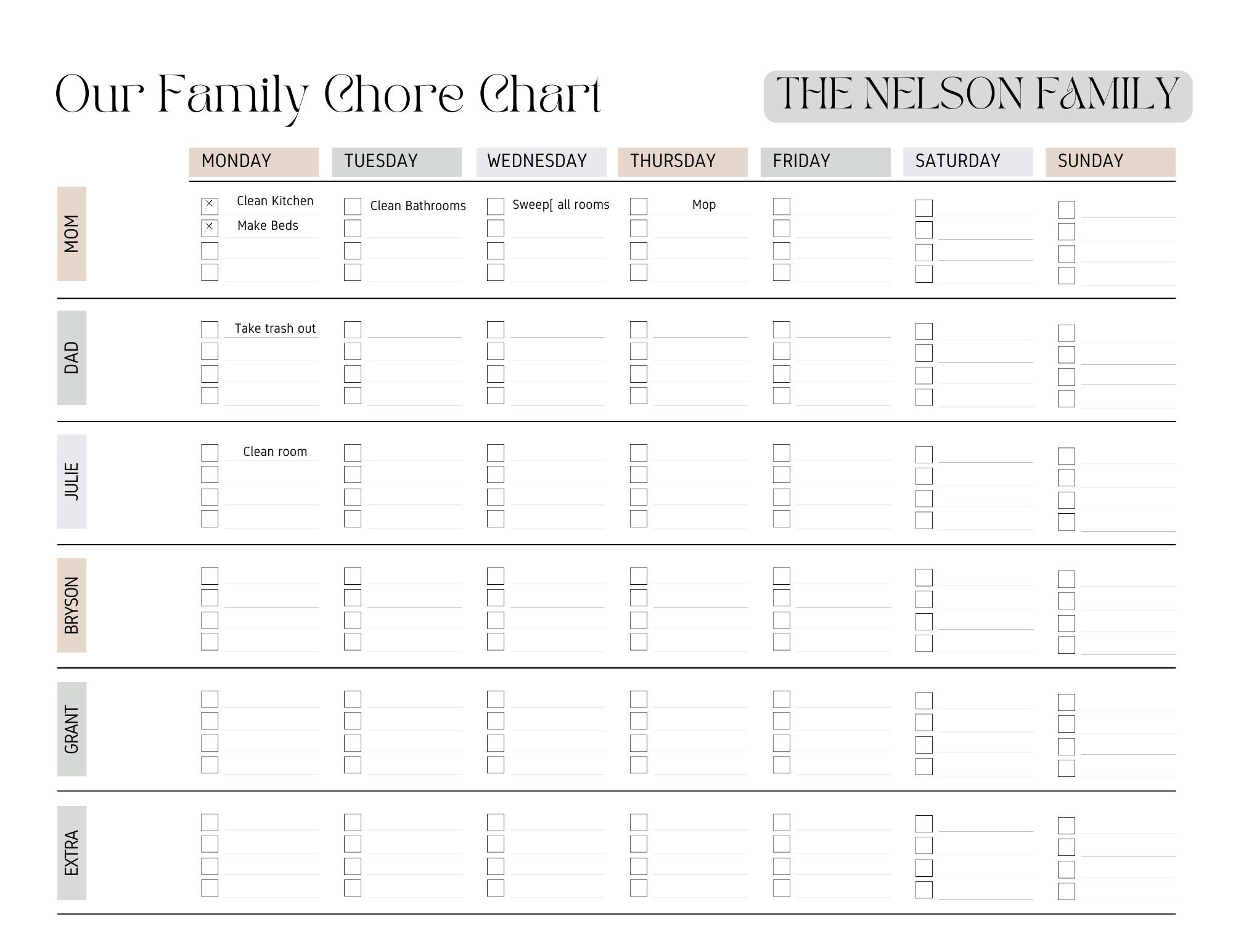 Family Chore Chart, Digital, Easy to Use, Both Printable and Google ...
