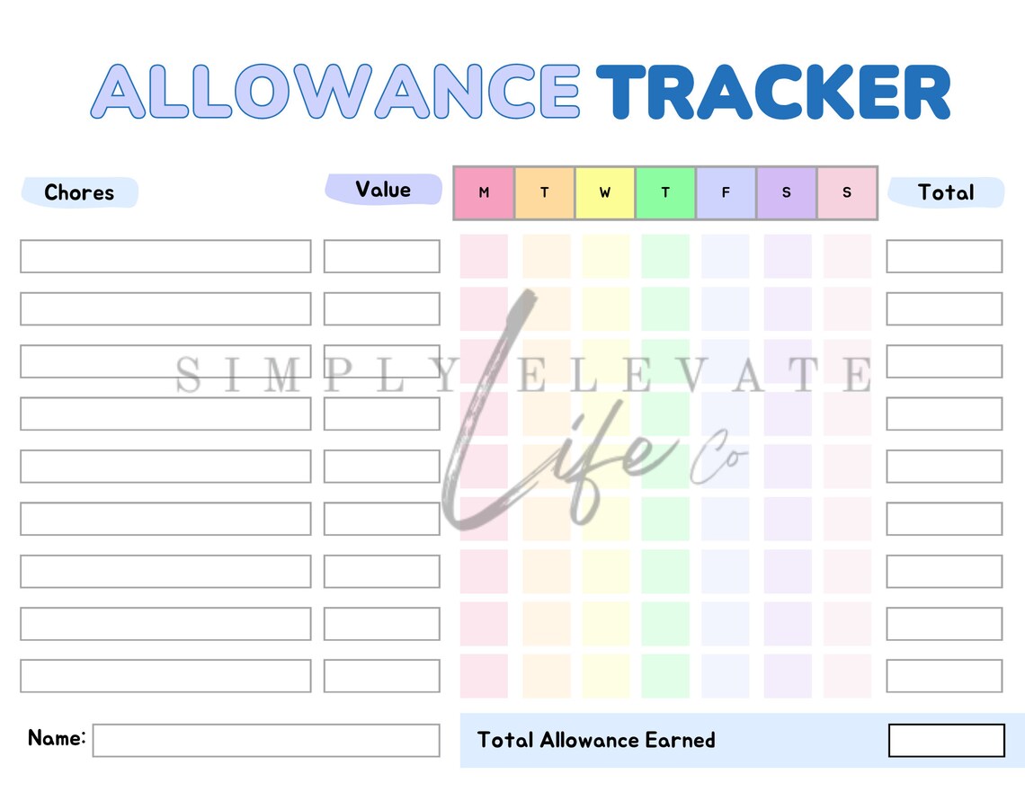 Allowance Tracker, Editable Allowance Chart, Printable Allowance Chore ...