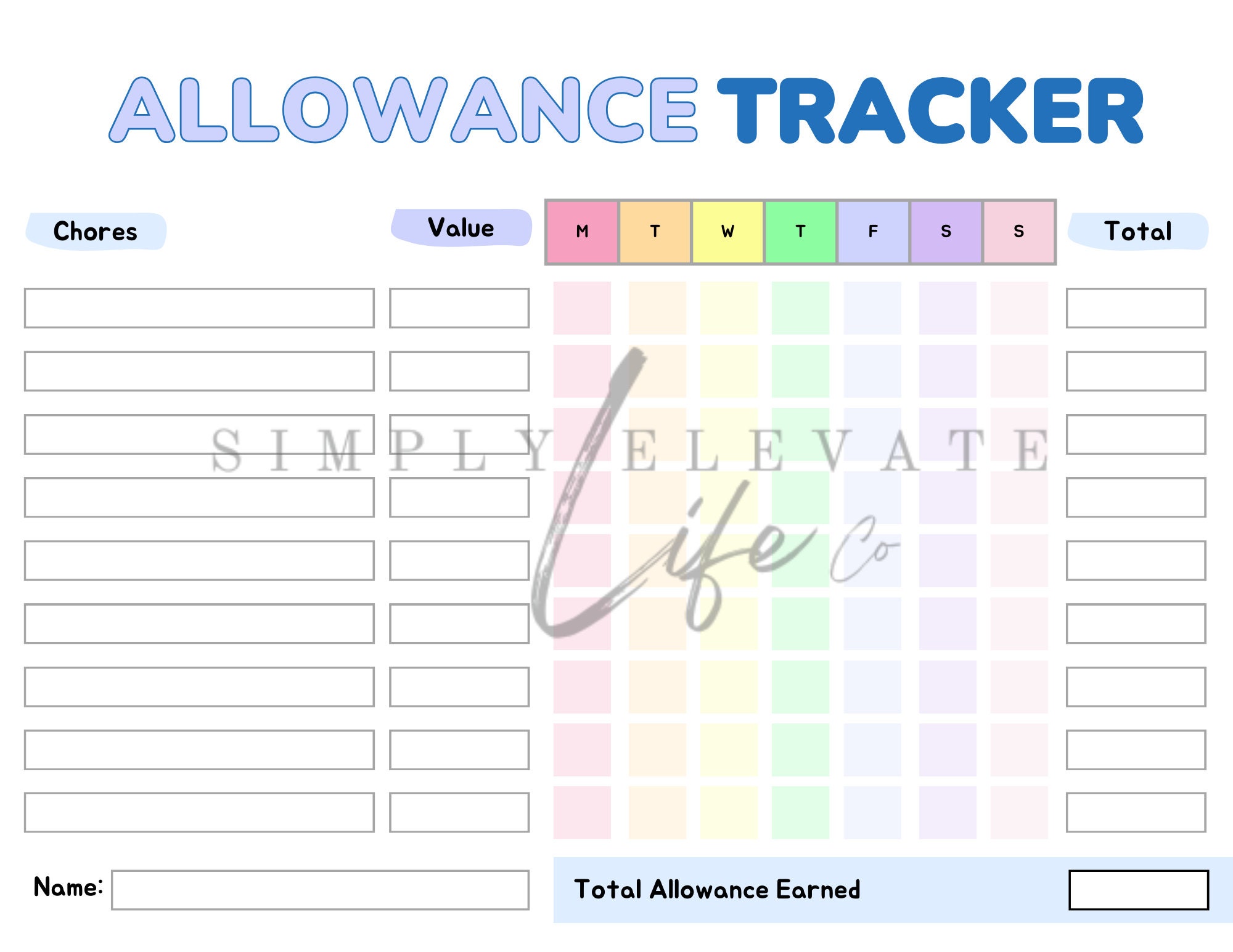 Allowance Tracker, Editable Allowance Chart, Printable Allowance Chore ...
