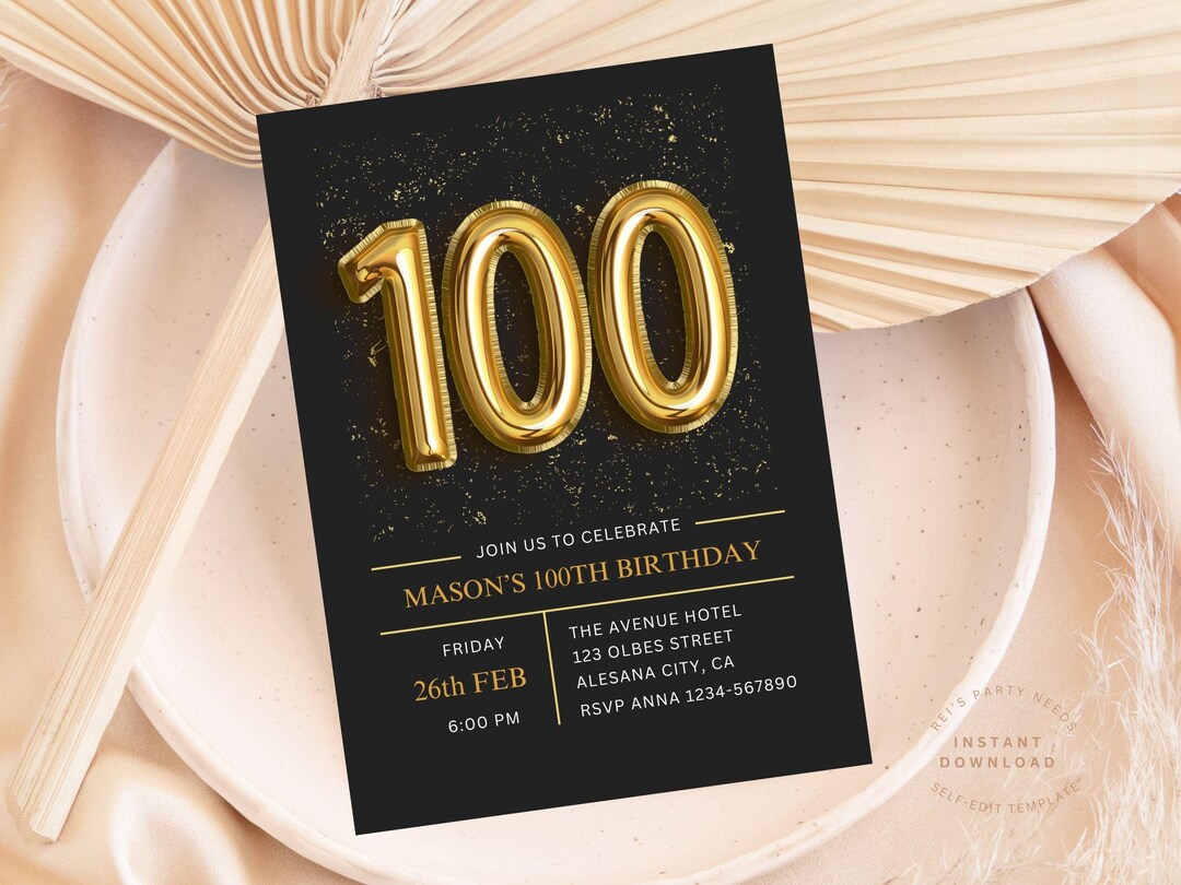 100th Birthday Invitation, Gold 100 Years Loved Birthday Invitation ...