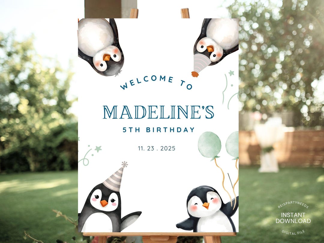 Editable Penguin Birthday Party Welcome Sign | Winter Birthday Party ...