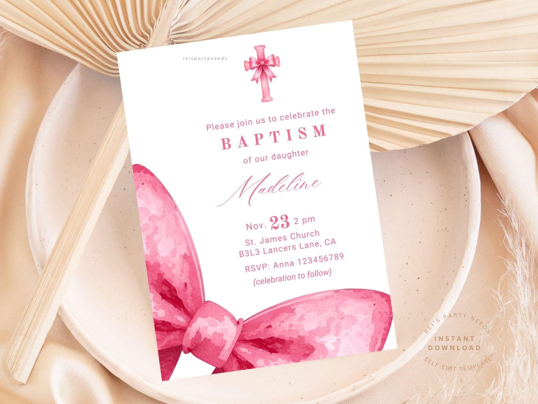 Pink Baptism Invitation Template for Girl | Editable Christening Invite ...