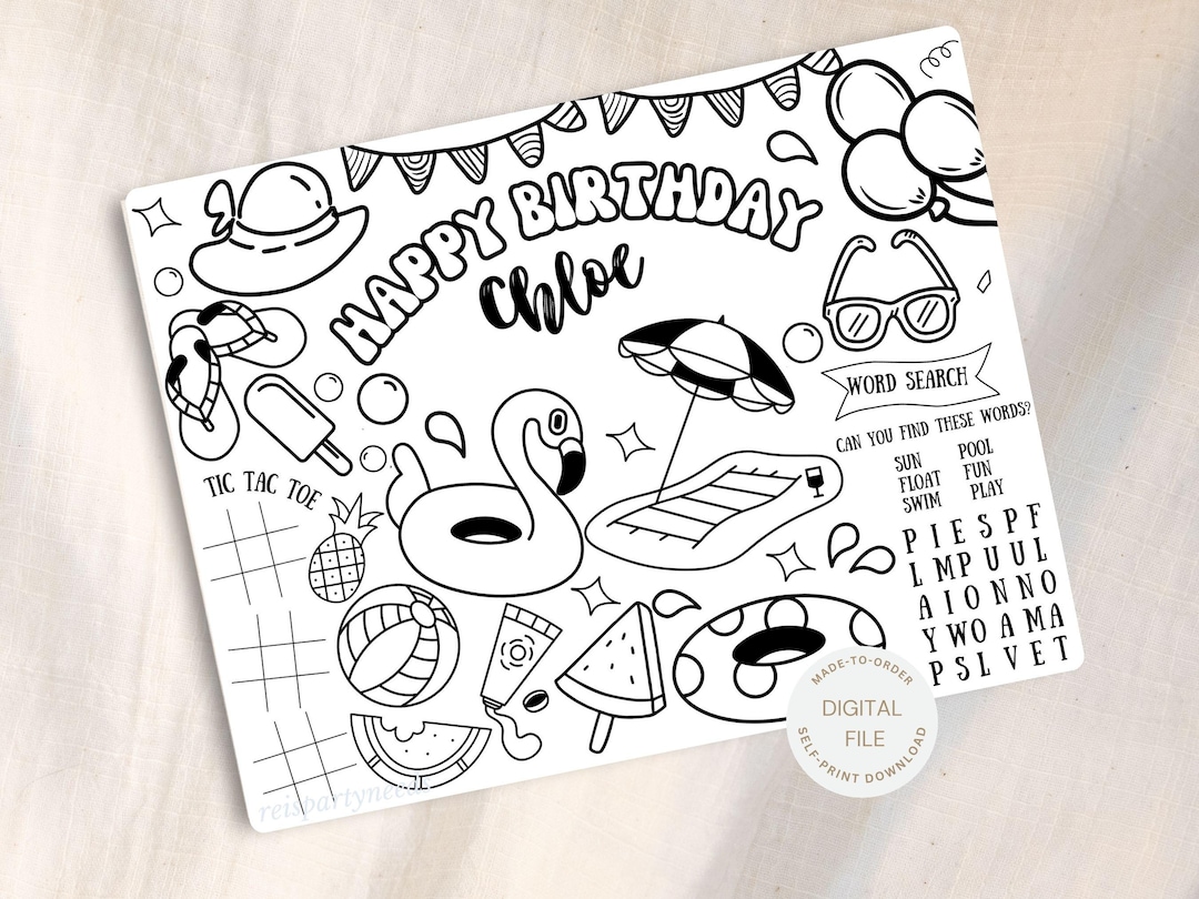 Custom Pool Party Colouring Page Activity Sheet Placemat Birthday Party ...