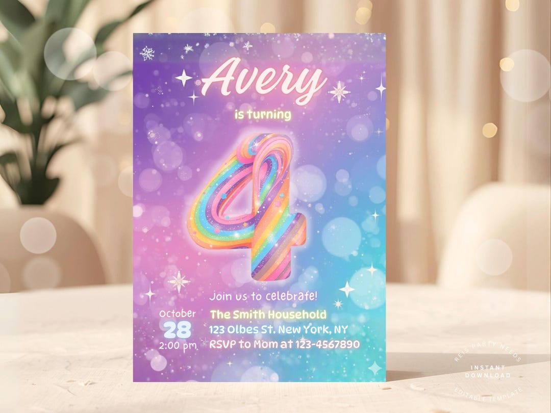 4th Birthday Invitation | Rainbow Birthday Editable Invite | 4th ...