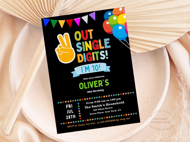 Hello Double Digits Birthday Invitation, EDITABLE 10th Birthday Party ...