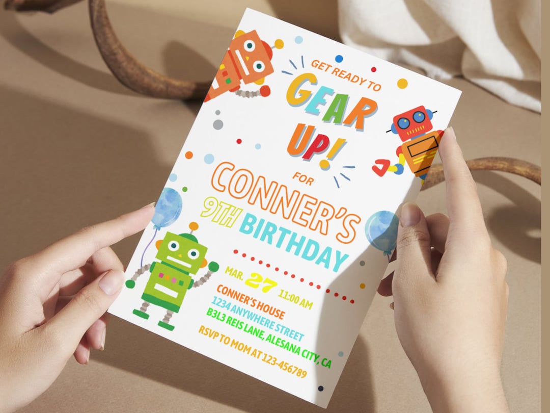 Robot Birthday Party Invitation, Robot Gears Birthday Party Invitation ...
