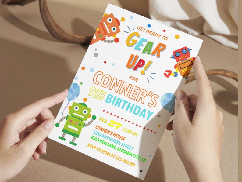 Robot Birthday Party Invitation, Robot Gears Birthday Party Invitation ...