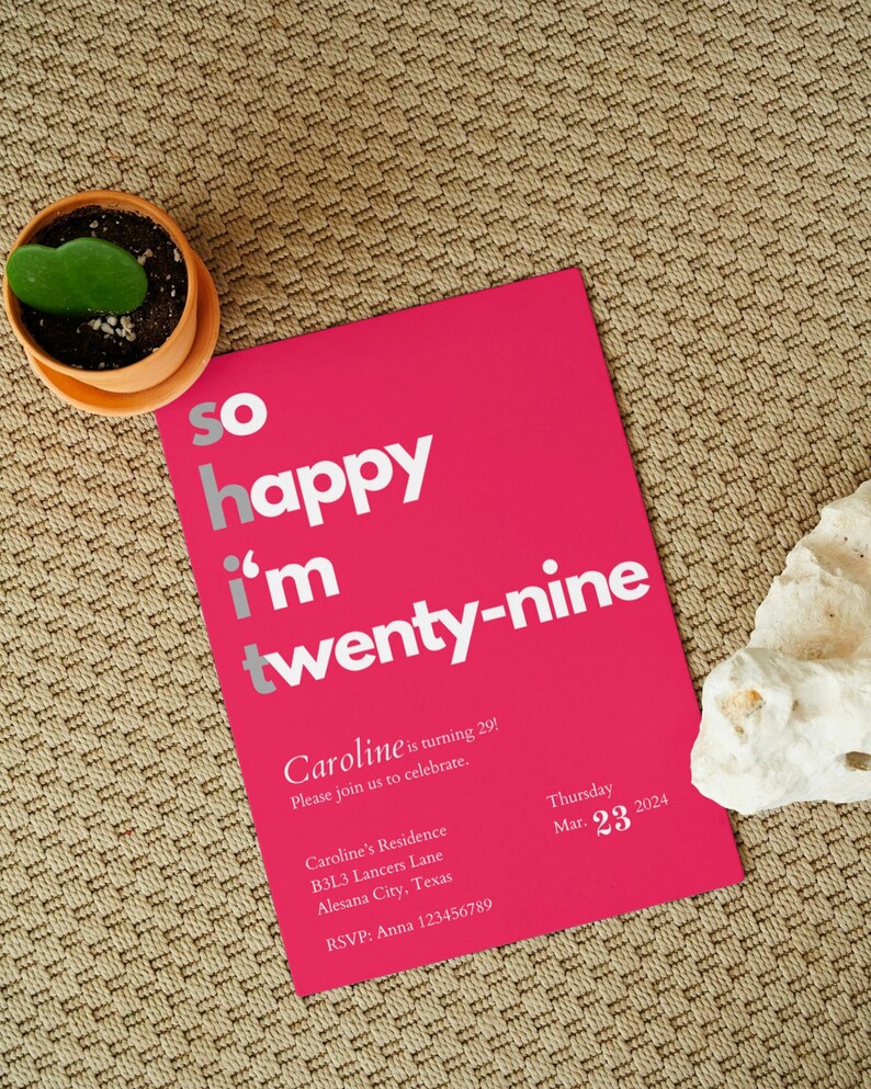 29th Printable Editable Invitation, 29th Birthday Invitation, Hot Pink ...